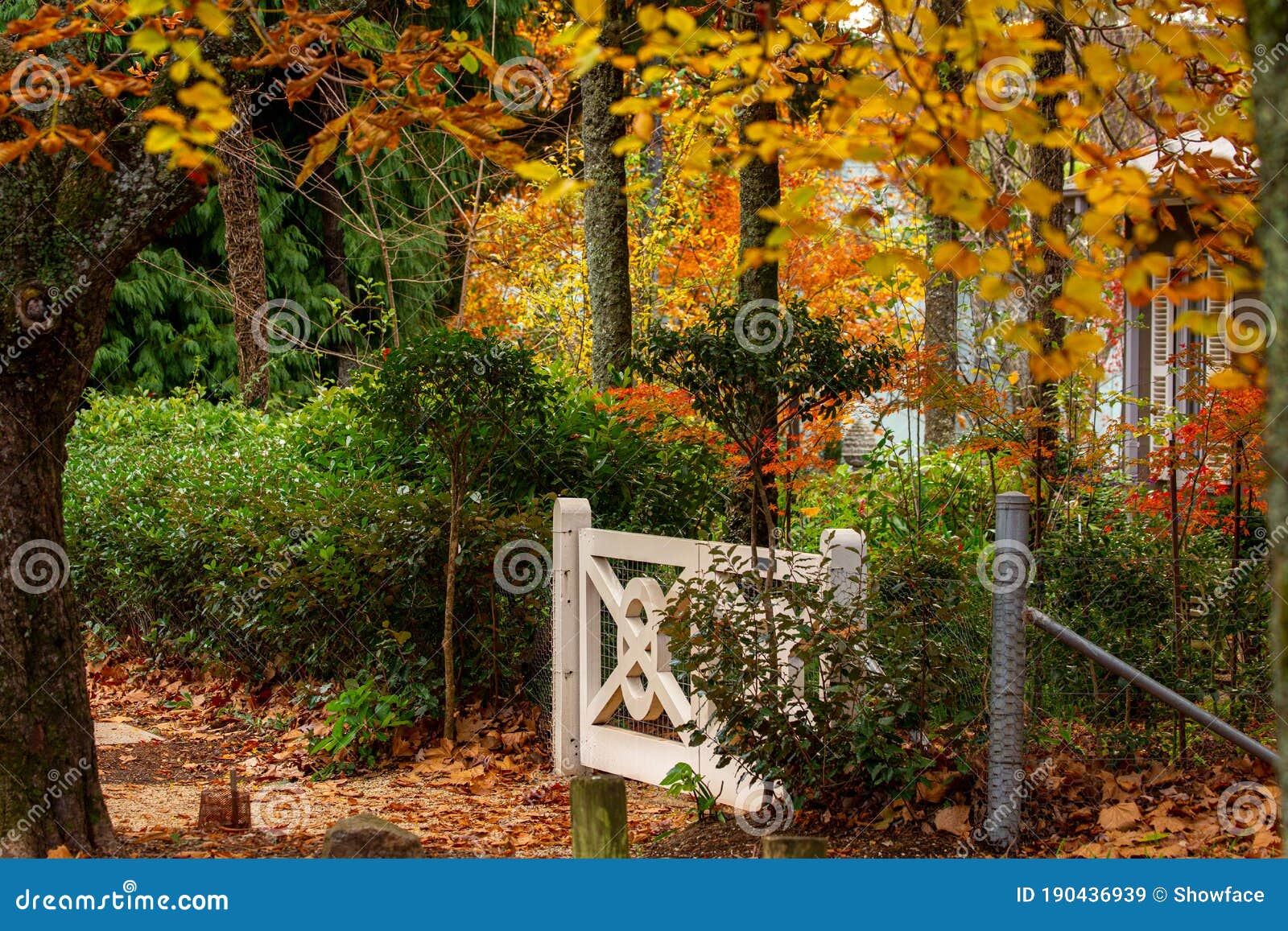 Autumn Gardens and Little White Gate Stock Image - Image of blue ...