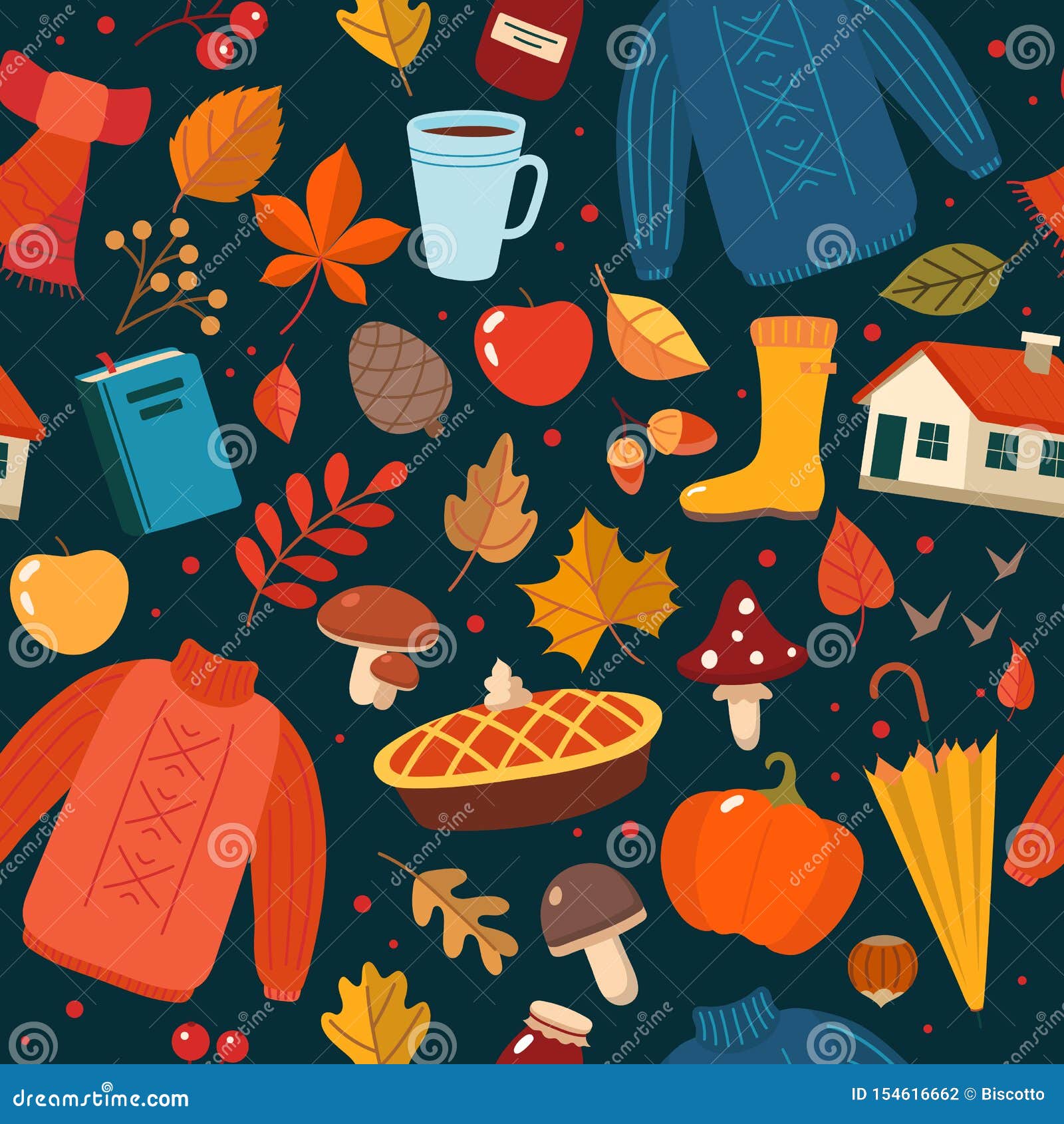 Autumn Hand Drawn Seamless Pattern with Seasonal Elements on Dark Background. Cute Vector ...