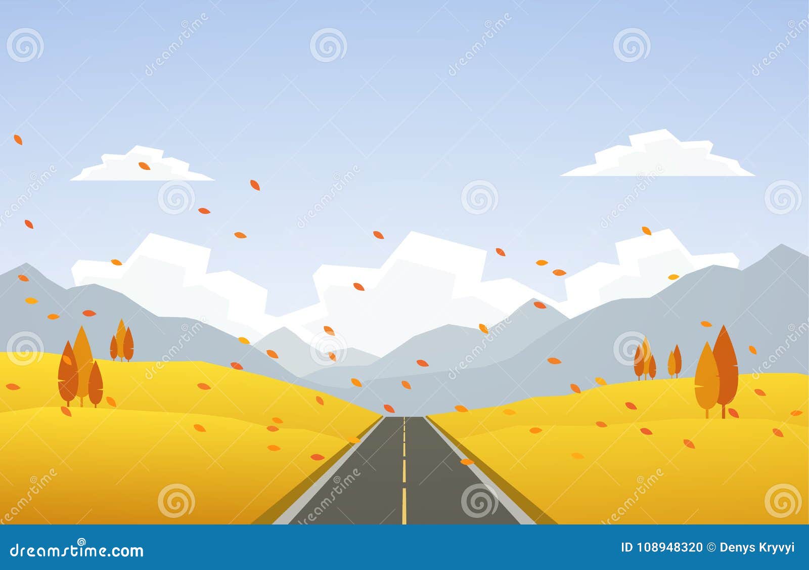 Autumn Hillside Landscape with Road and Leaves Fall. Stock Vector ...