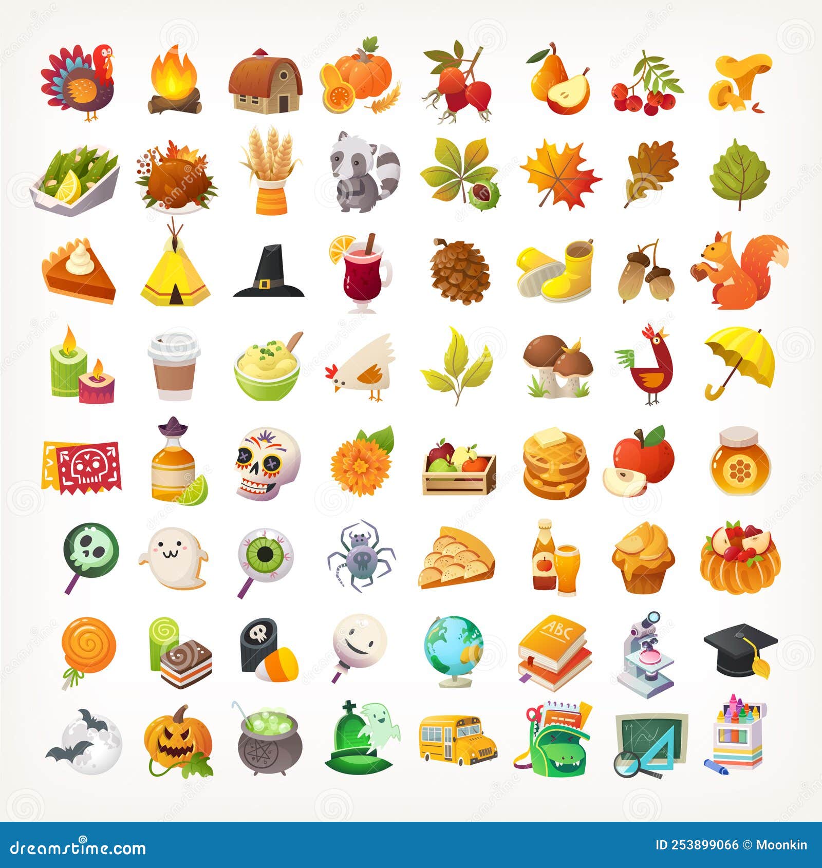 Set of Colorful Autumn Emoji. Thanksgiving Dinner Food and Dishes ...