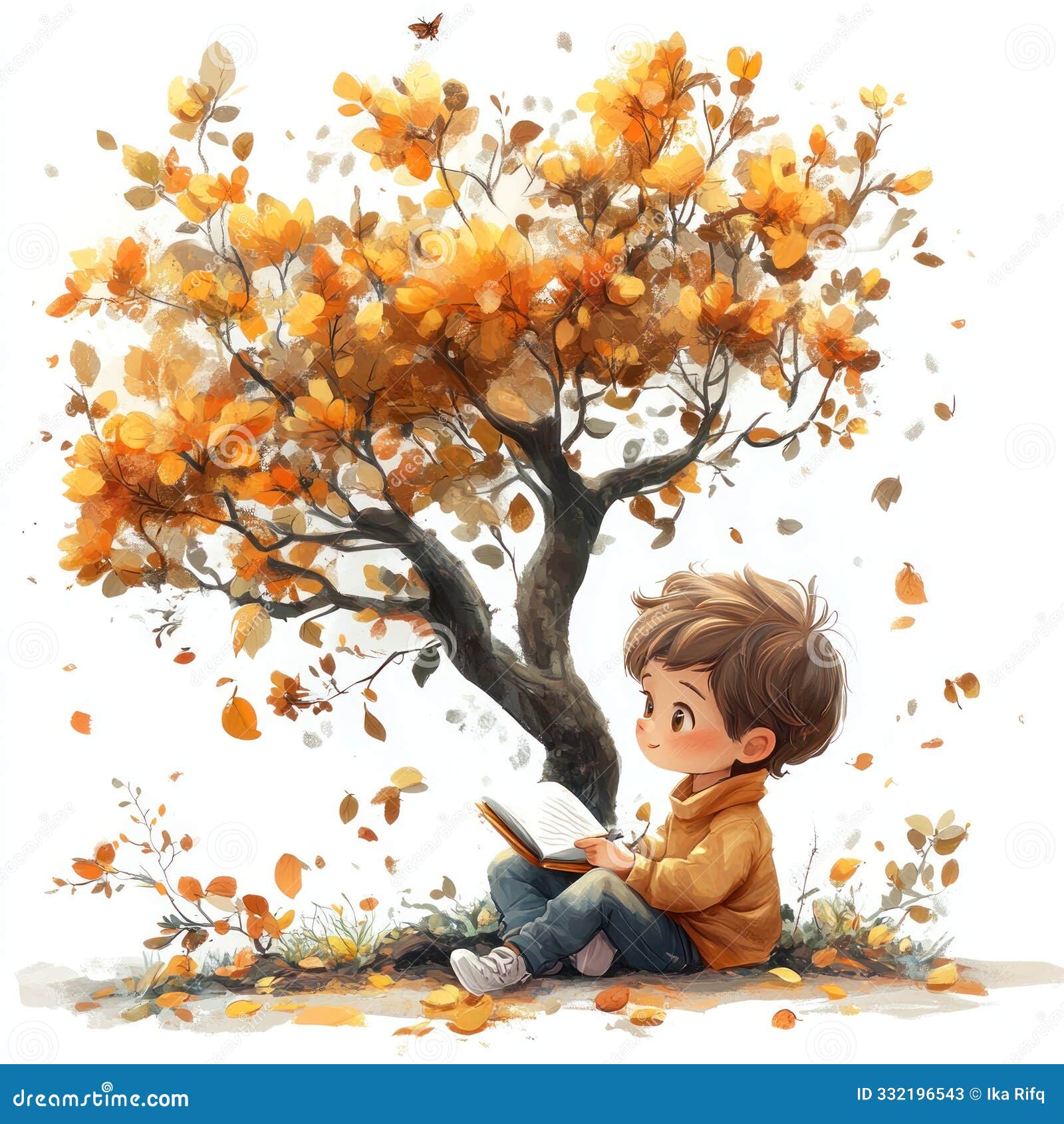 Autumn Illustration of Boy Reading Under Tree Stock Illustration ...