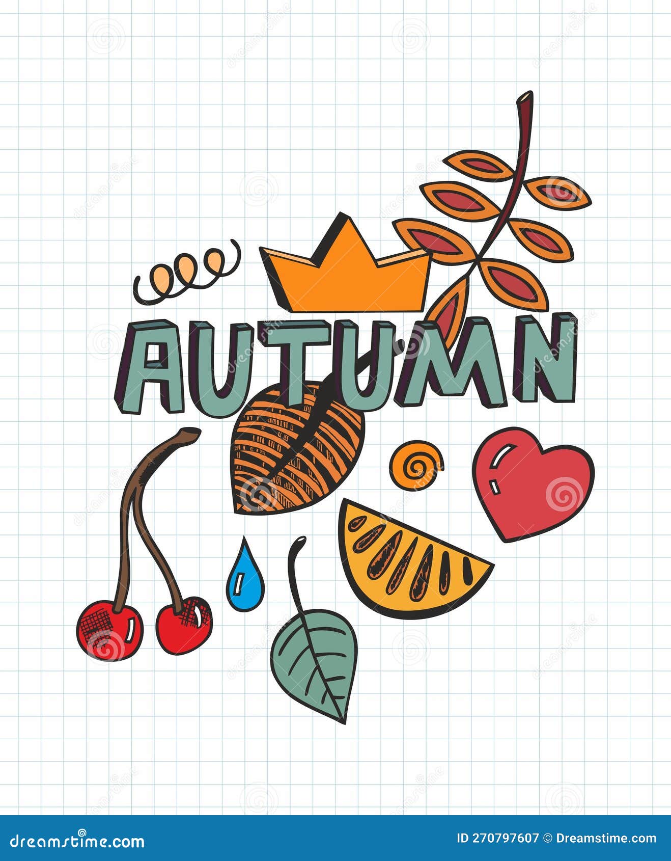 Autumn Illustrations Doodle Drawn on a Grid Sheet. Stock Illustration ...