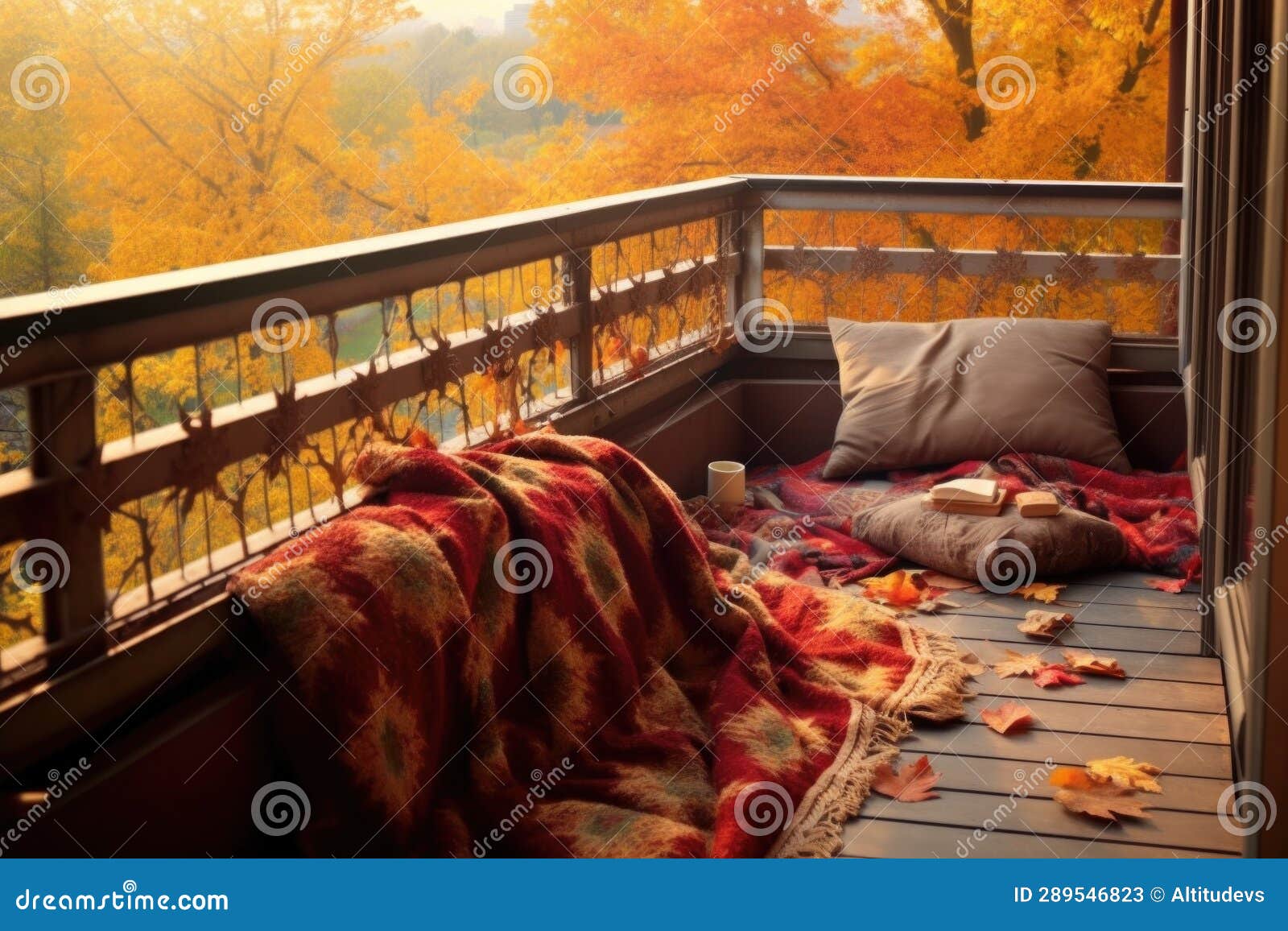 Autumn-inspired Balcony with Fallen Leaves and Blanket Stock Image ...