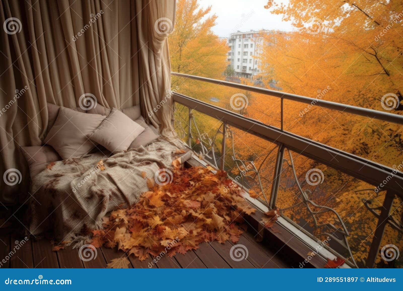 Autumn-inspired Balcony with Fallen Leaves and Blanket Stock ...