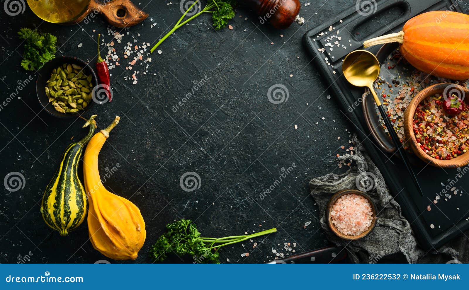 Autumn Kitchen Background. Pumpkins on the Table with Spices and ...