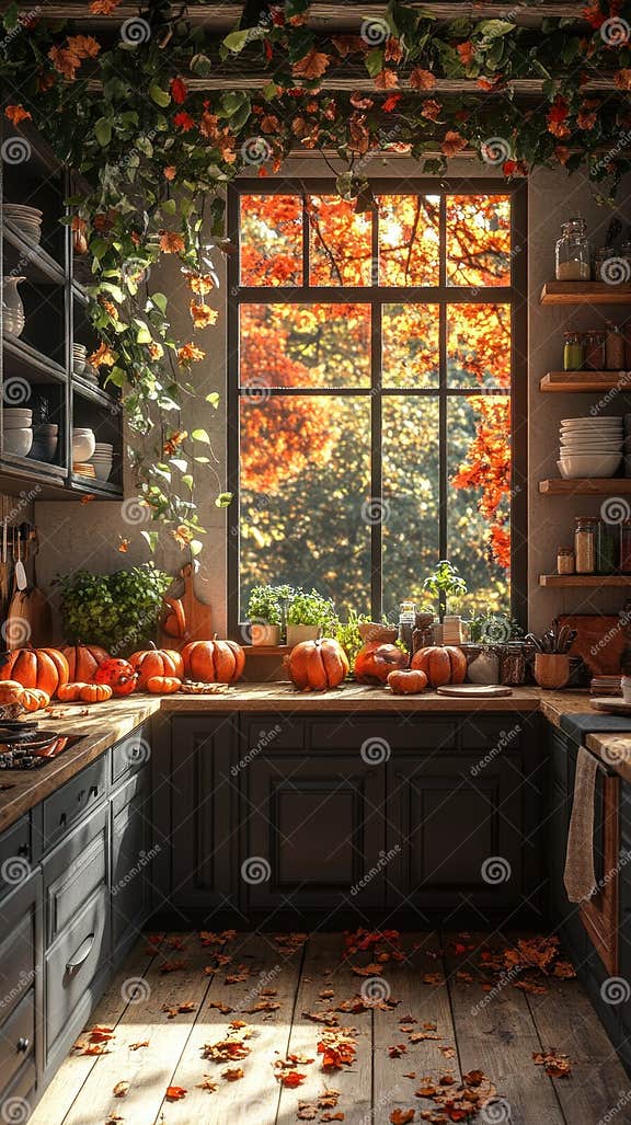 Autumn Kitchen Interior 3D Illustration Stock Illustration ...