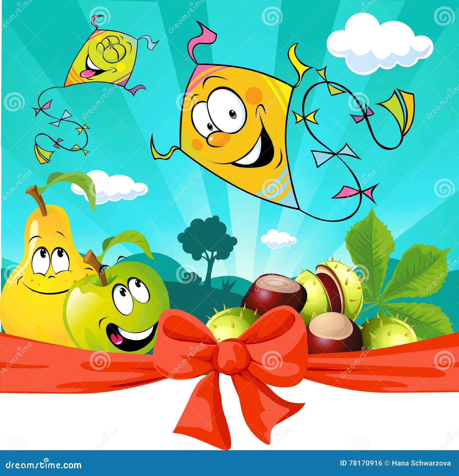 Autumn Kite Flying in Nature, Apple and Pear Look - Vector Stock Vector ...