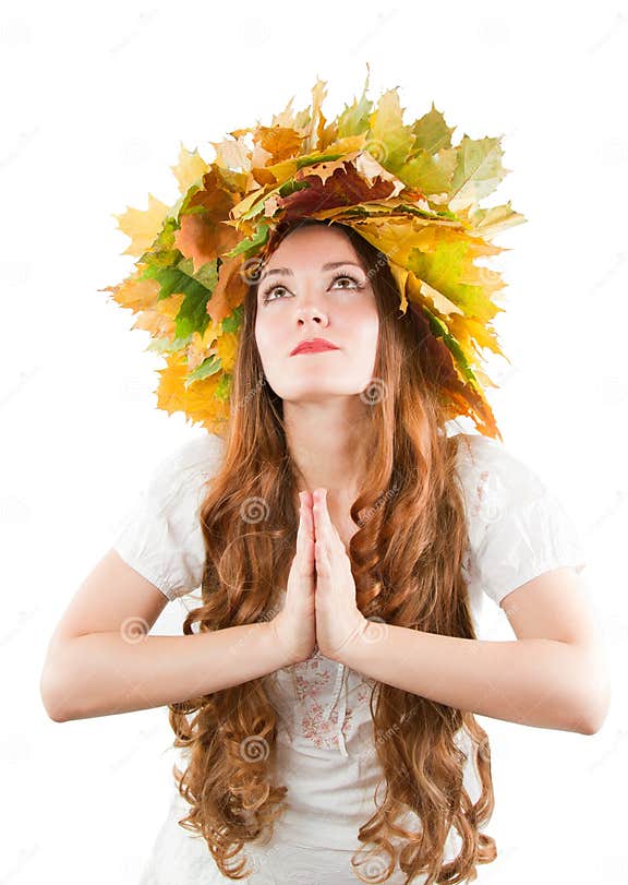 Autumn Lady with Crown of Fall Stock Image - Image of autumn ...