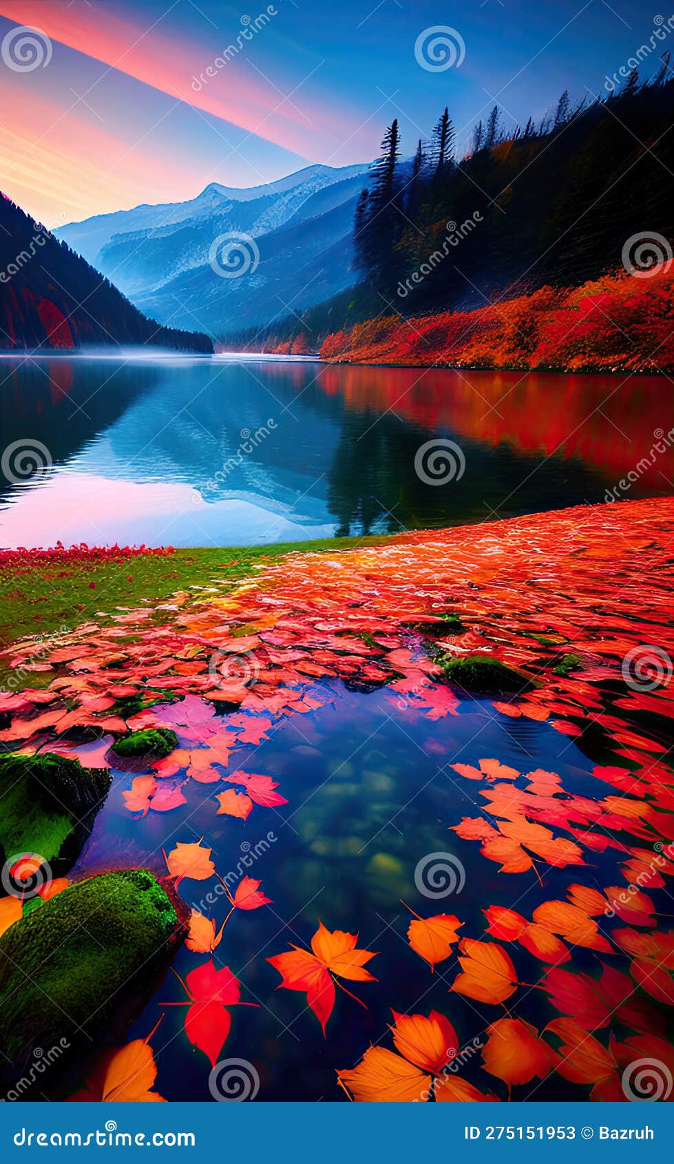Autumn lake in mountains stock illustration. Illustration of river ...
