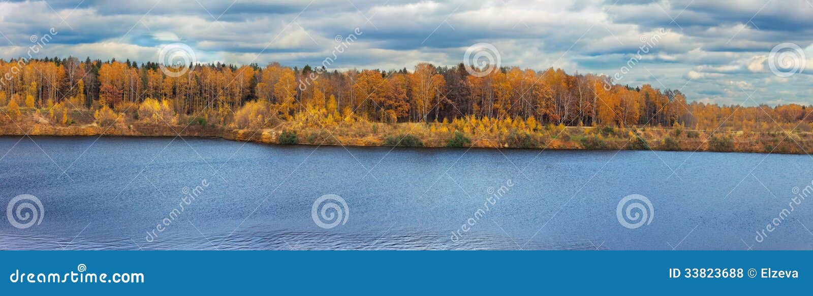 Autumn lakeside panoramic stock photo. Image of birch - 33823688