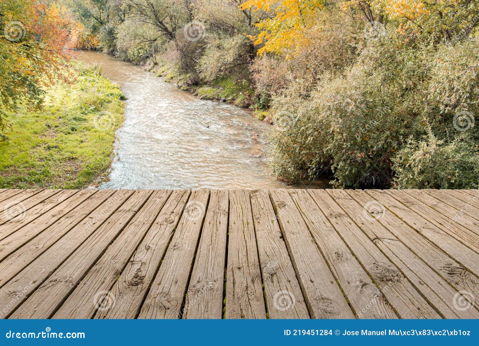 Autumn Landscape with Flowing River and Wooden Bridge Stock Photo ...
