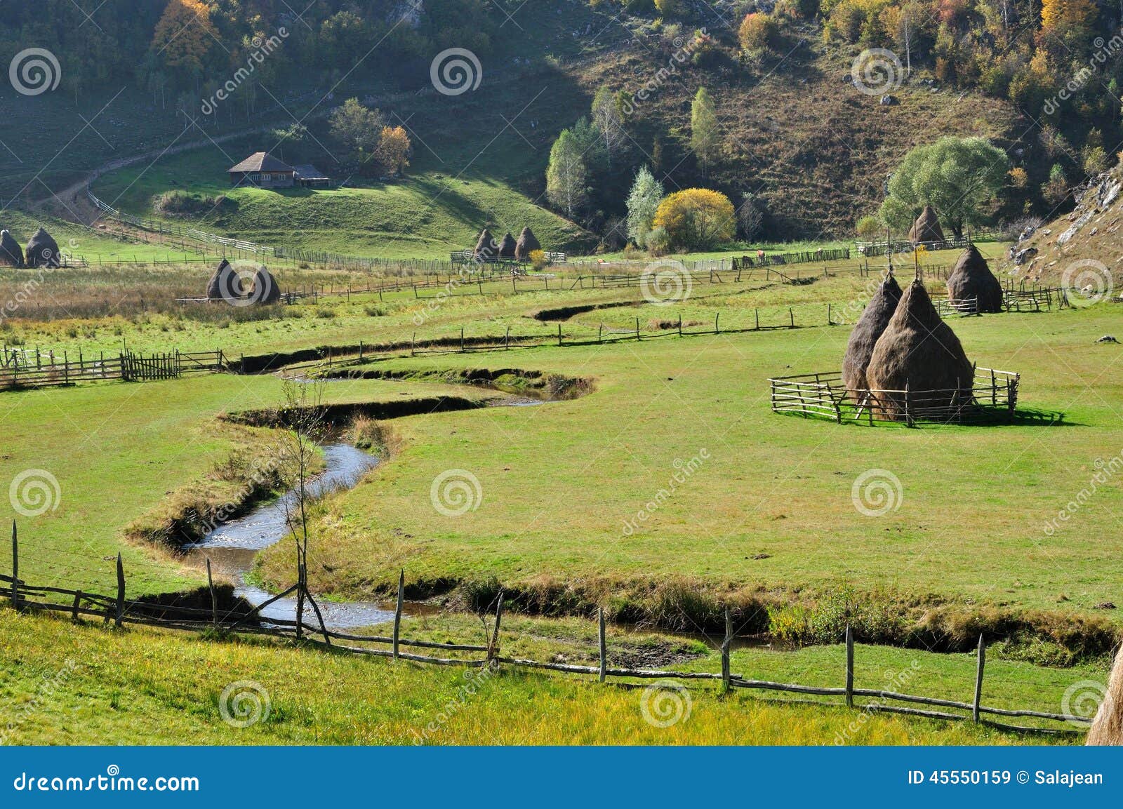 Autumn Landscape with Haystacks in a Valley Stock Image - Image of ...