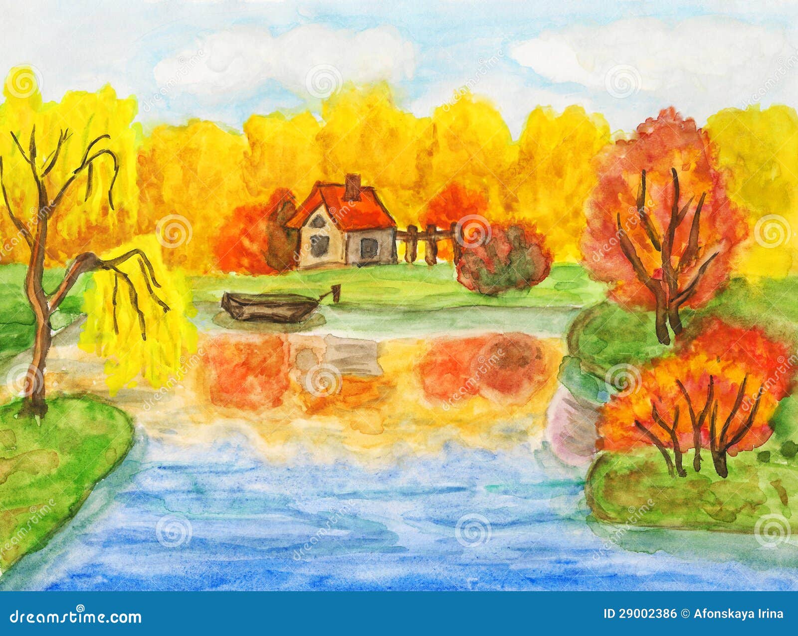 Autumn Landscape with House, Painting Stock Illustration - Illustration ...