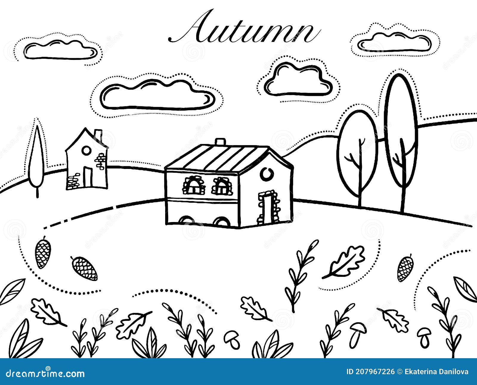Autumn Landscape, Linear Drawing. Autumn Leaves Falling Stock Vector ...
