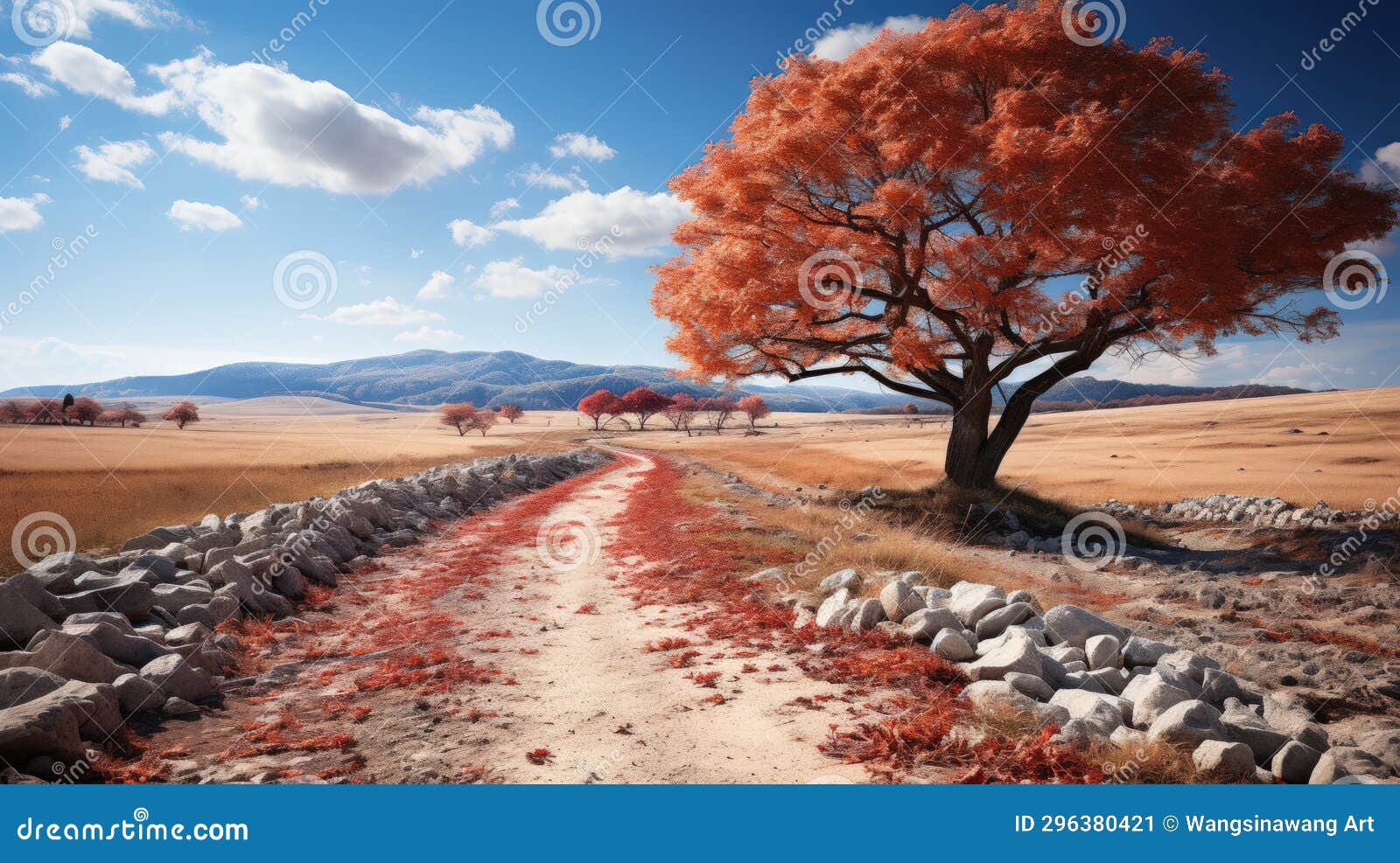 Autumn Landscape with a Lonely Tree on the Road Stock Illustration ...