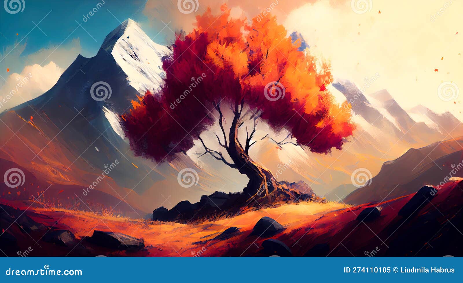 Autumn Landscape with One Tree on the Mountain. Generative AI ...