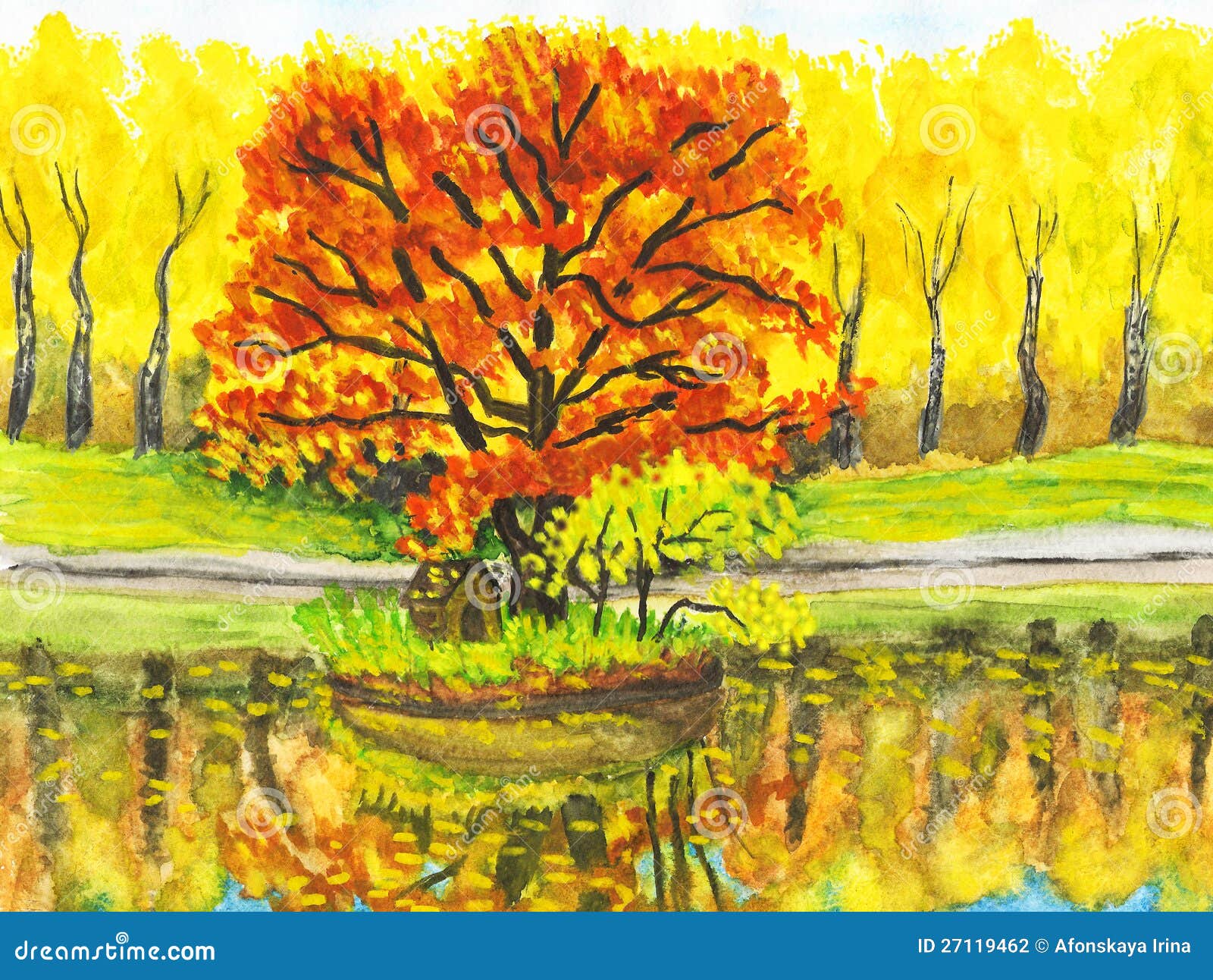 Autumn Landscape with Red Tree, Painting Stock Illustration ...