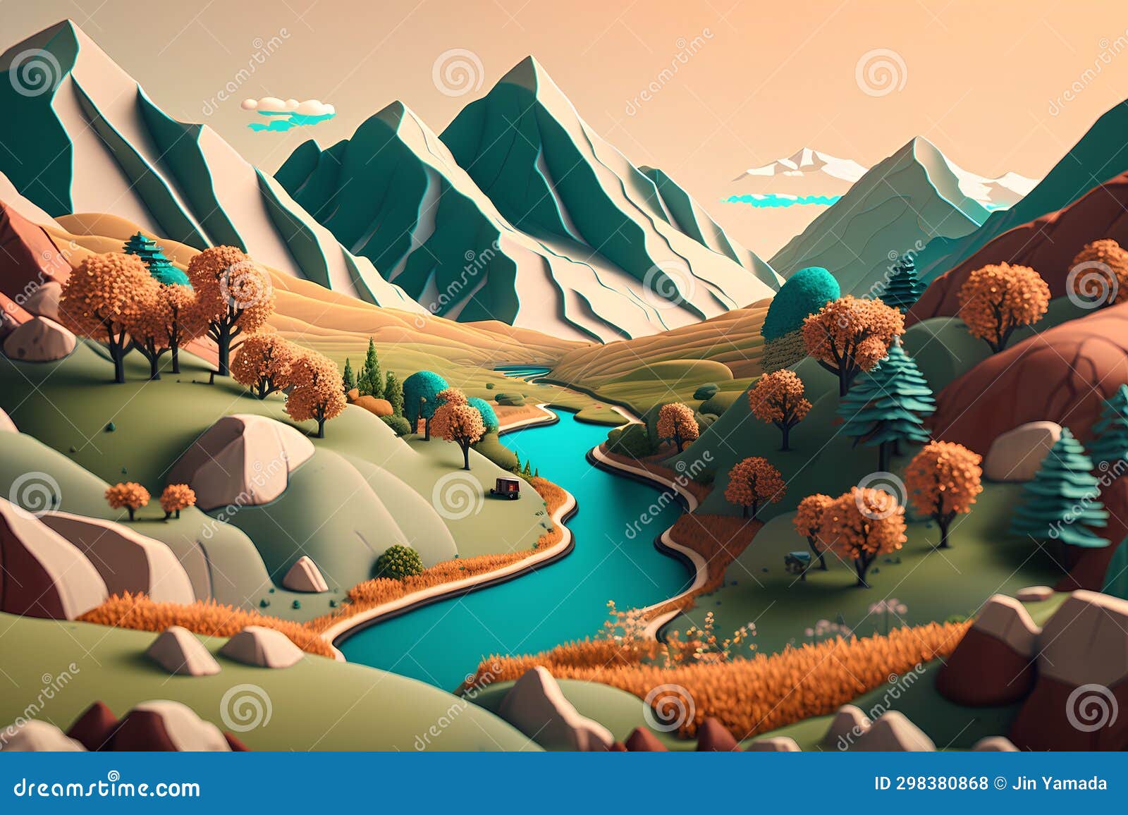 Autumn Landscape with River and Mountains. 3d Render Illustration Stock ...