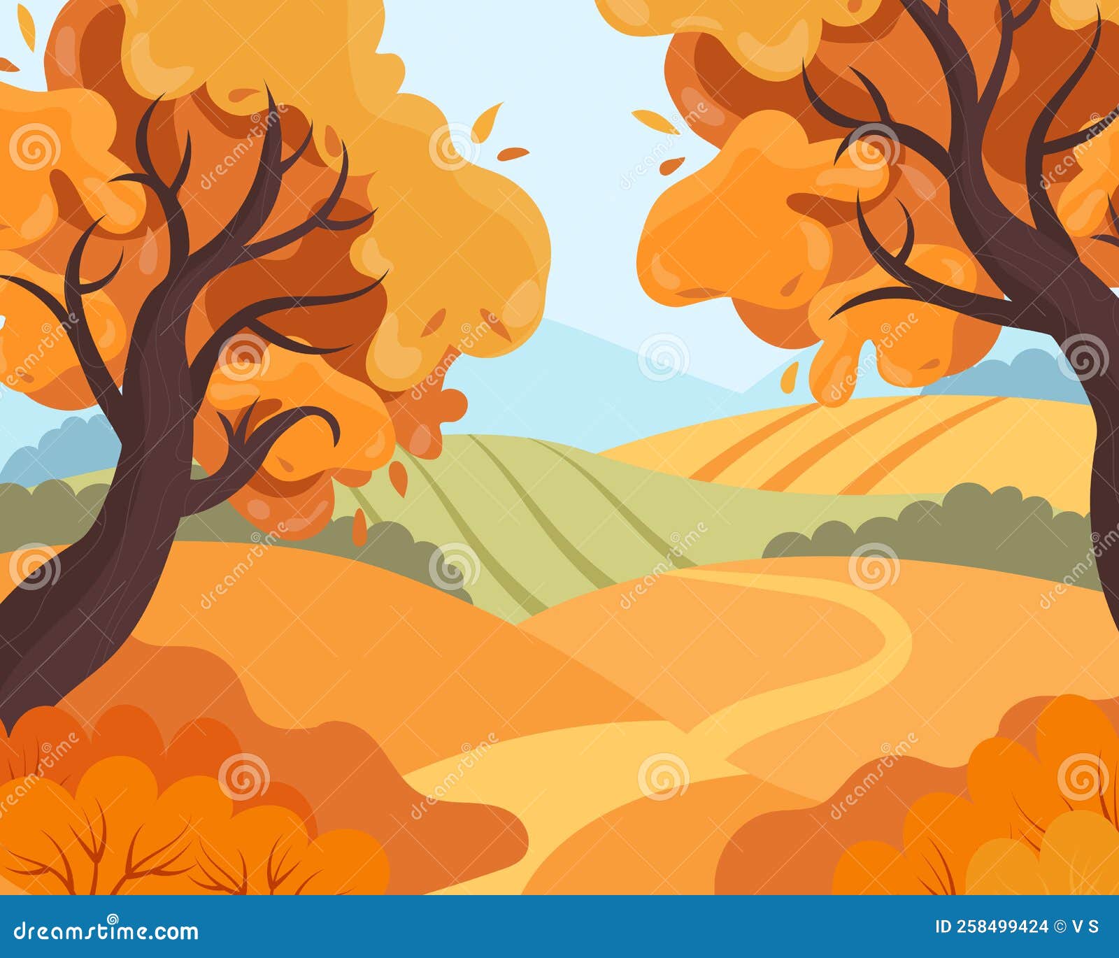 Autumn Landscape, Road among Fields and Trees. Illustration, Clip Art ...