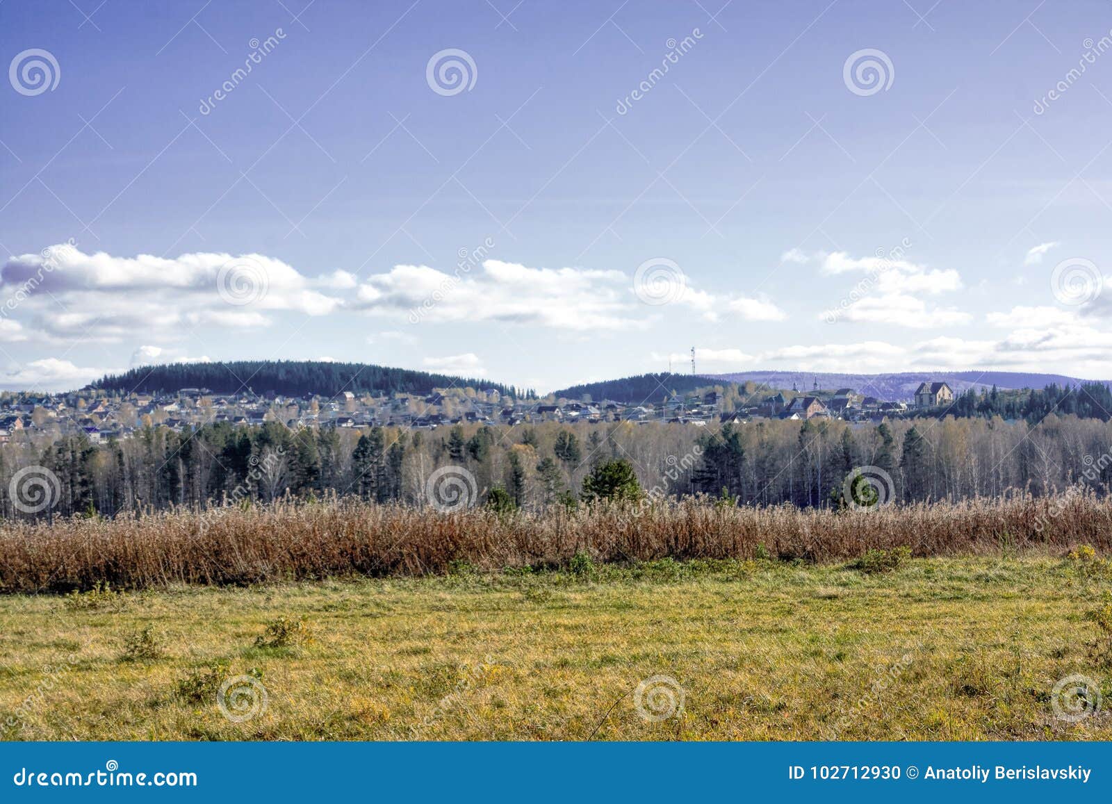 Autumn Landscape Sloping Meadow on a Background of Forest and Mountains ...