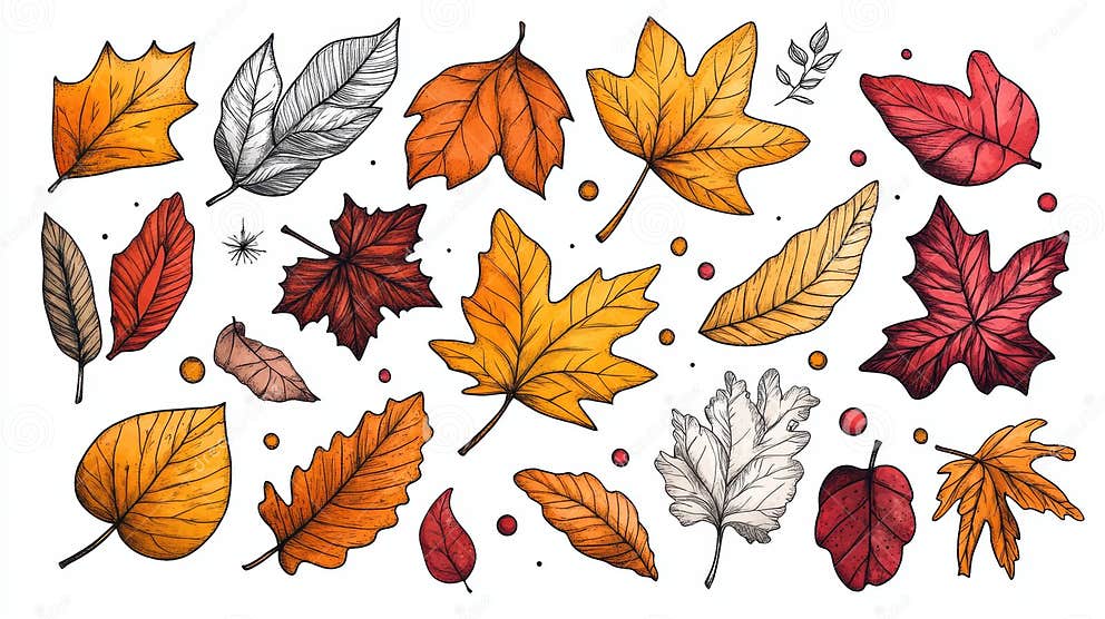 Autumn Leaf Doodles, Charming Assortment of Fall Leaf Doodles on a ...