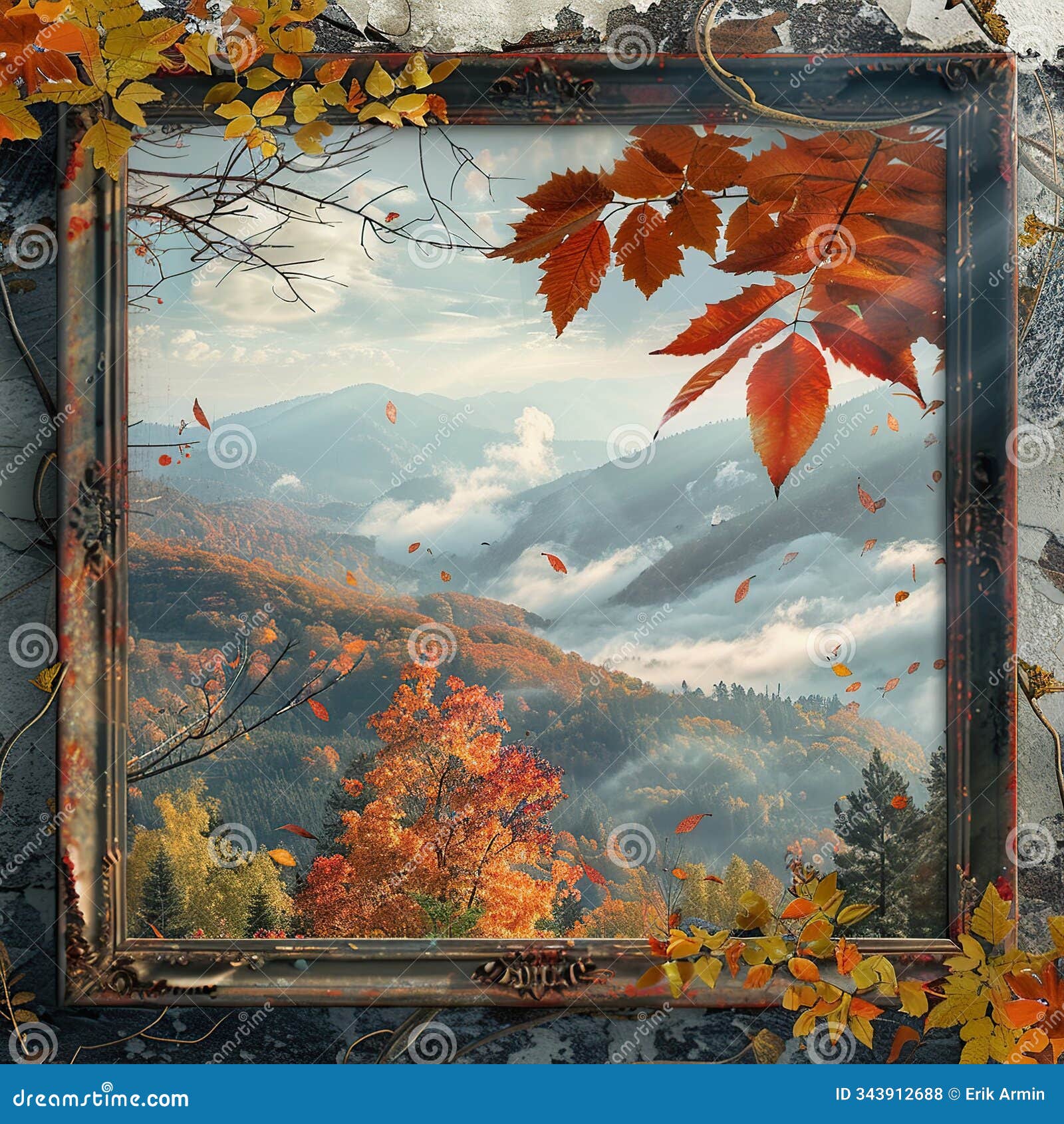 Autumn Leaf Frame Embracing a Mountain Landscape with Floating Cloud ...