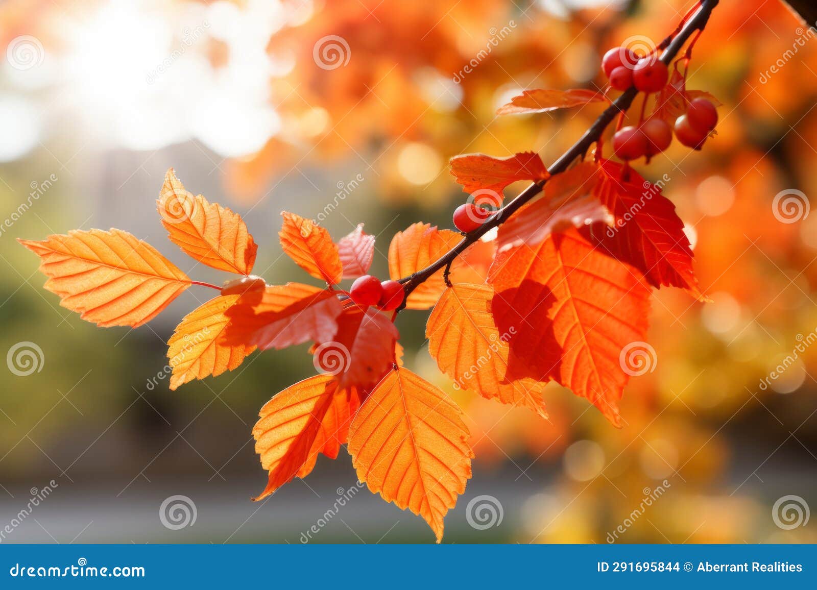 Autumn Leaves and Berries on a Tree Branch with the Sun in the ...