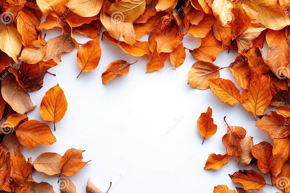 Autumn Leaves Cascading Over a White Background with Ample Copy Space ...