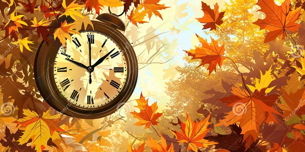Autumn Leaves and a Clock, a Time for Change Stock Illustration ...