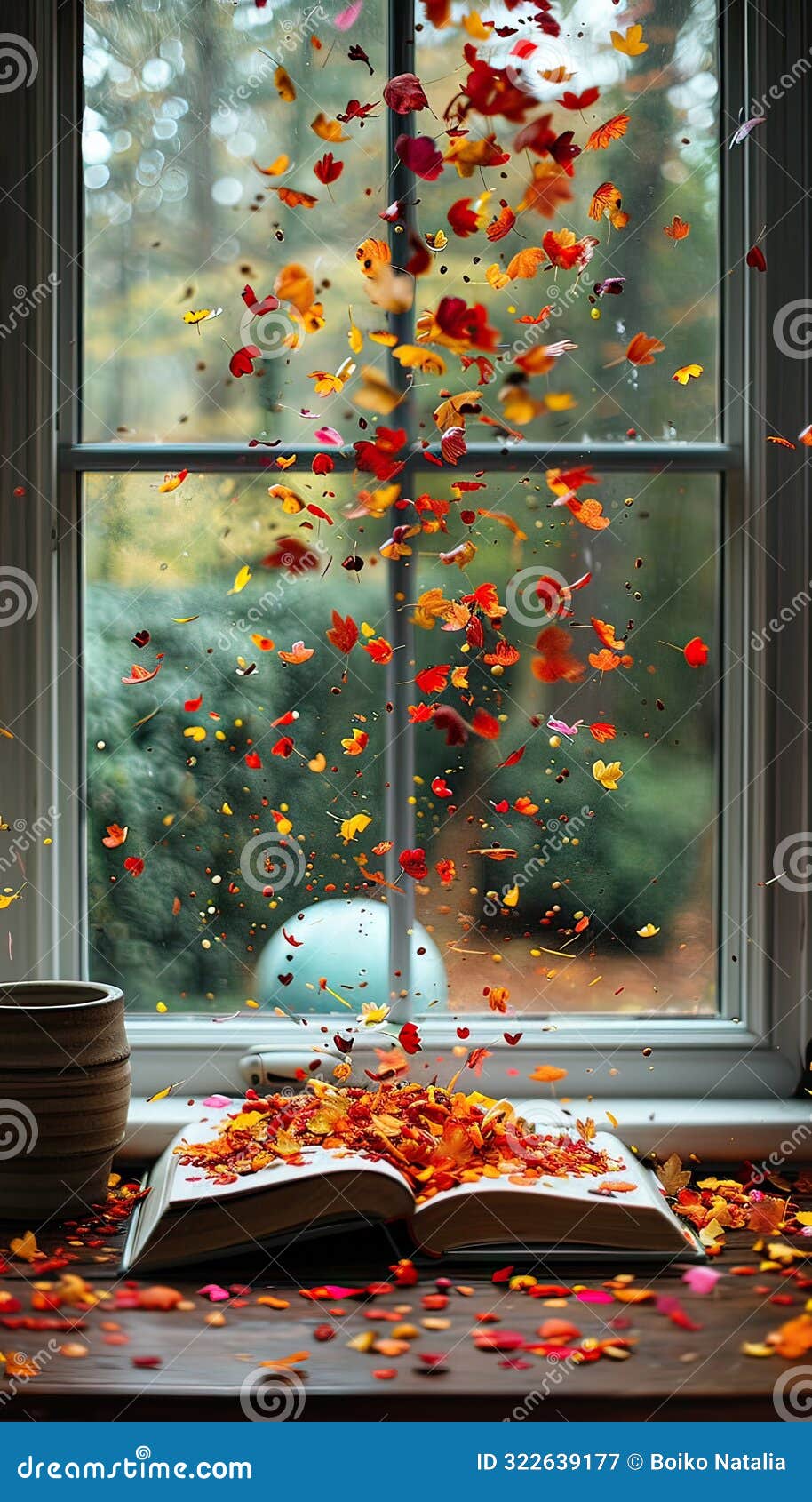 Autumn Leaves are Falling in Front of an Open Book by a Window Stock ...