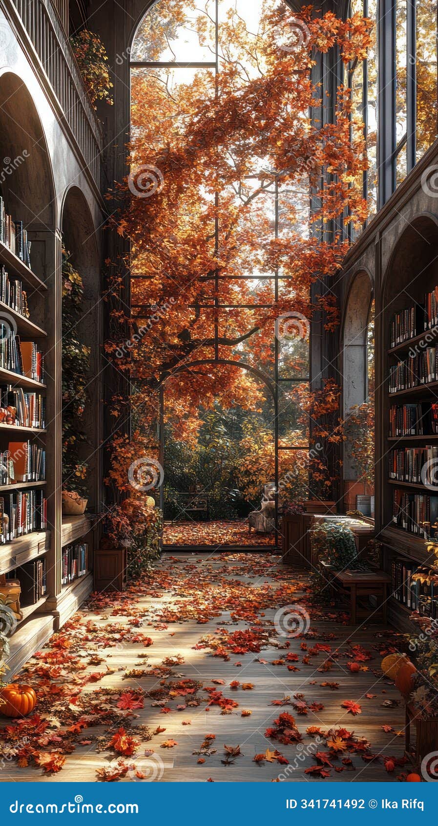 Autumn Leaves Falling through a Library Window Illustration Stock ...