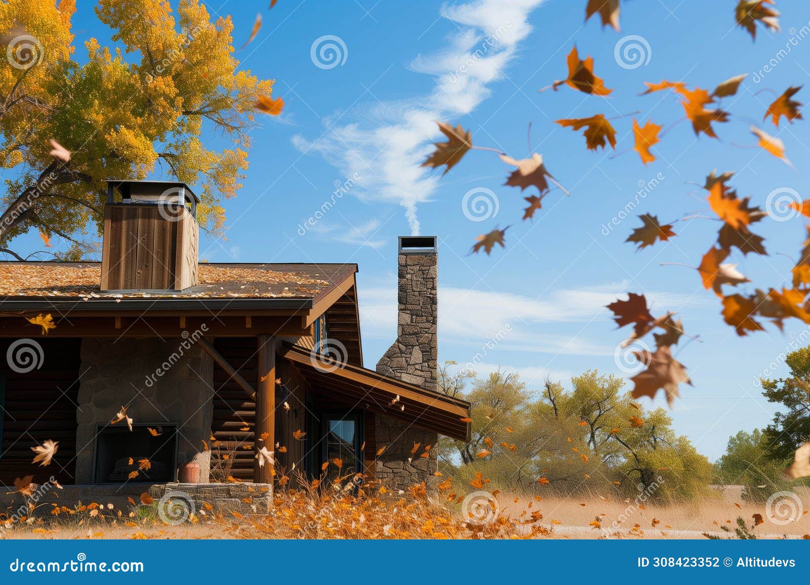 Autumn Leaves Falling on a Ranch House with a Stone Chimney Stock Photo ...