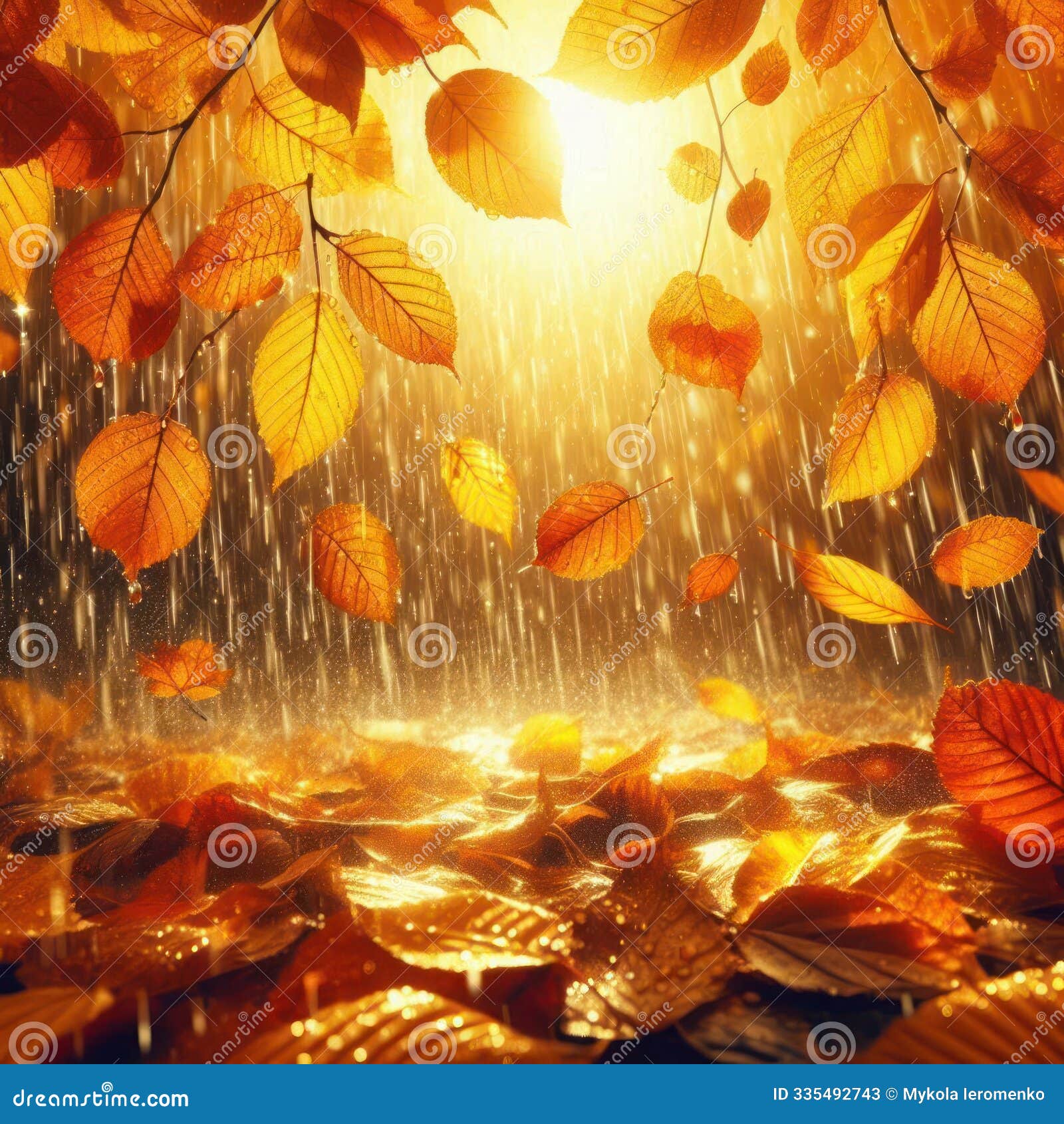 Autumn Leaves Falling Under the Rays of the Sun during the Rain. Stock ...