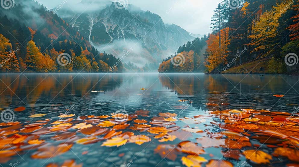Autumn Leaves Float on the Surface of Lake Against the Backdrop of ...