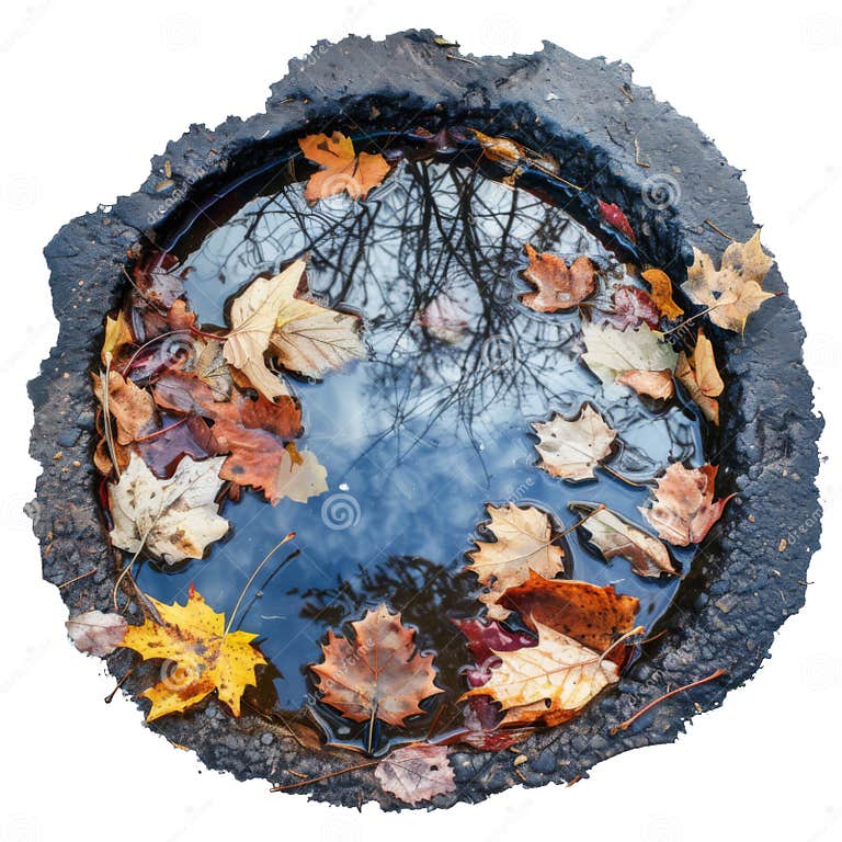 Autumn Leaves Floating in a Puddle with Tree Reflection Stock ...
