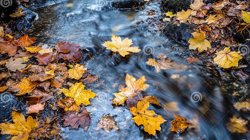 Autumn Leaves Flowing in a Stream Stock Illustration - Illustration of ...