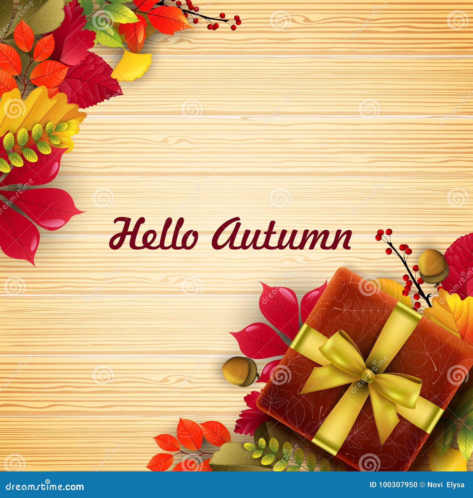 Autumn Leaves Gift Box with Ribbon and Bow Stock Vector - Illustration ...