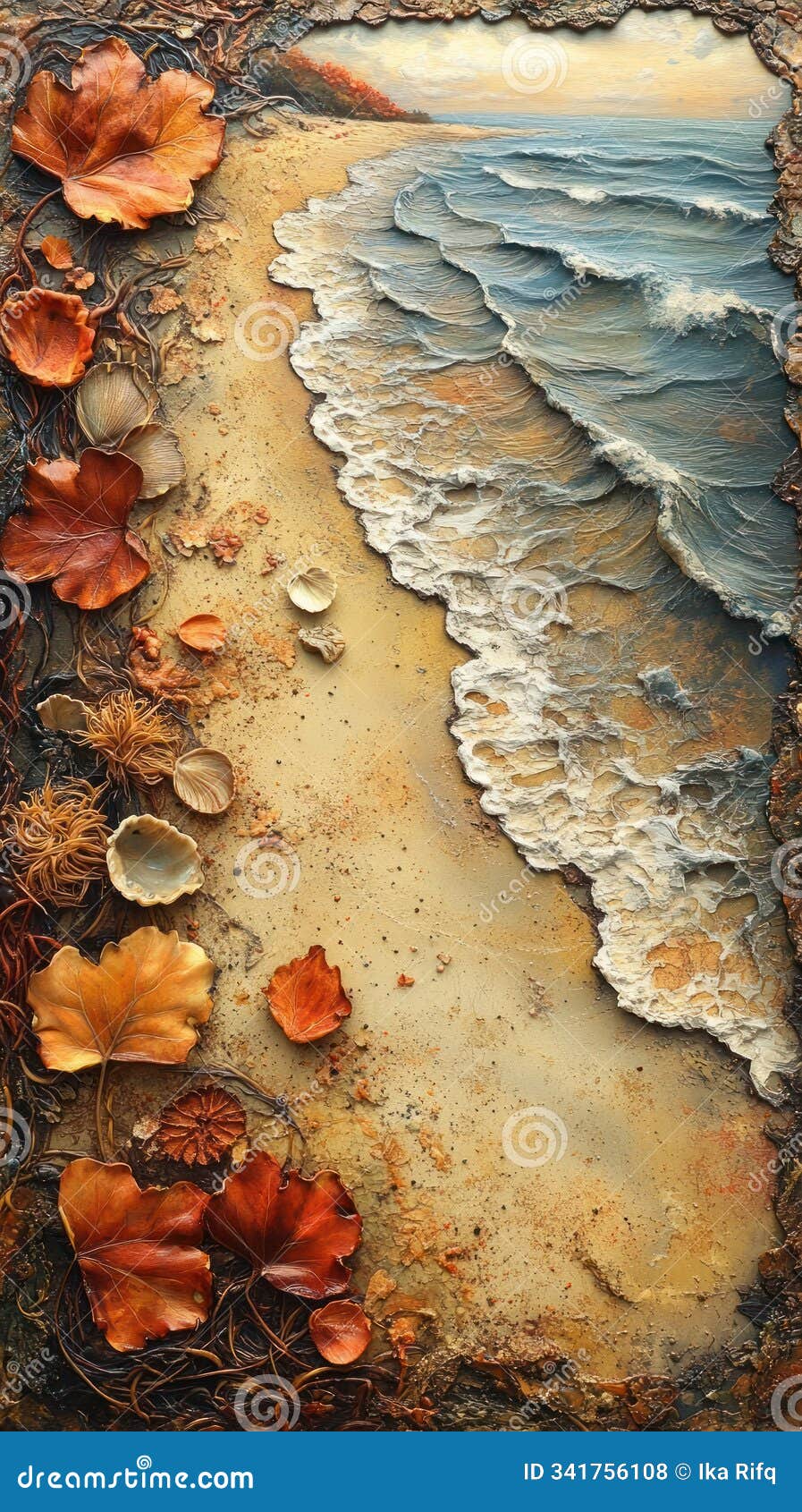 Autumn Leaves and Ocean Waves 3D Illustration Stock Illustration ...