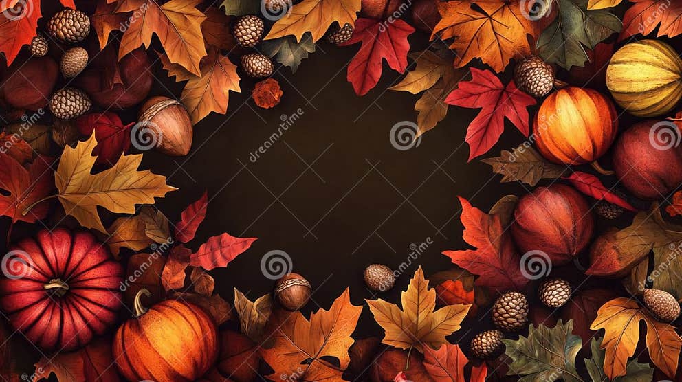 Autumn Leaves and Pumpkins Create a Rustic Frame with Fall Harvest ...