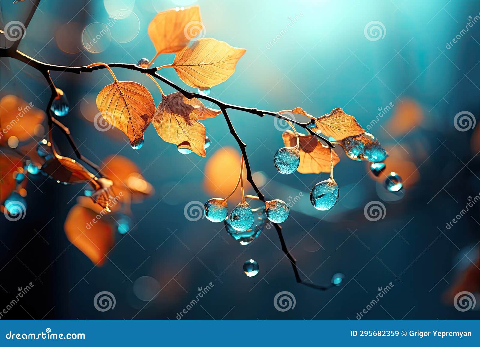 Autumn Leaves after Rain on a Blue Background Stock Illustration ...