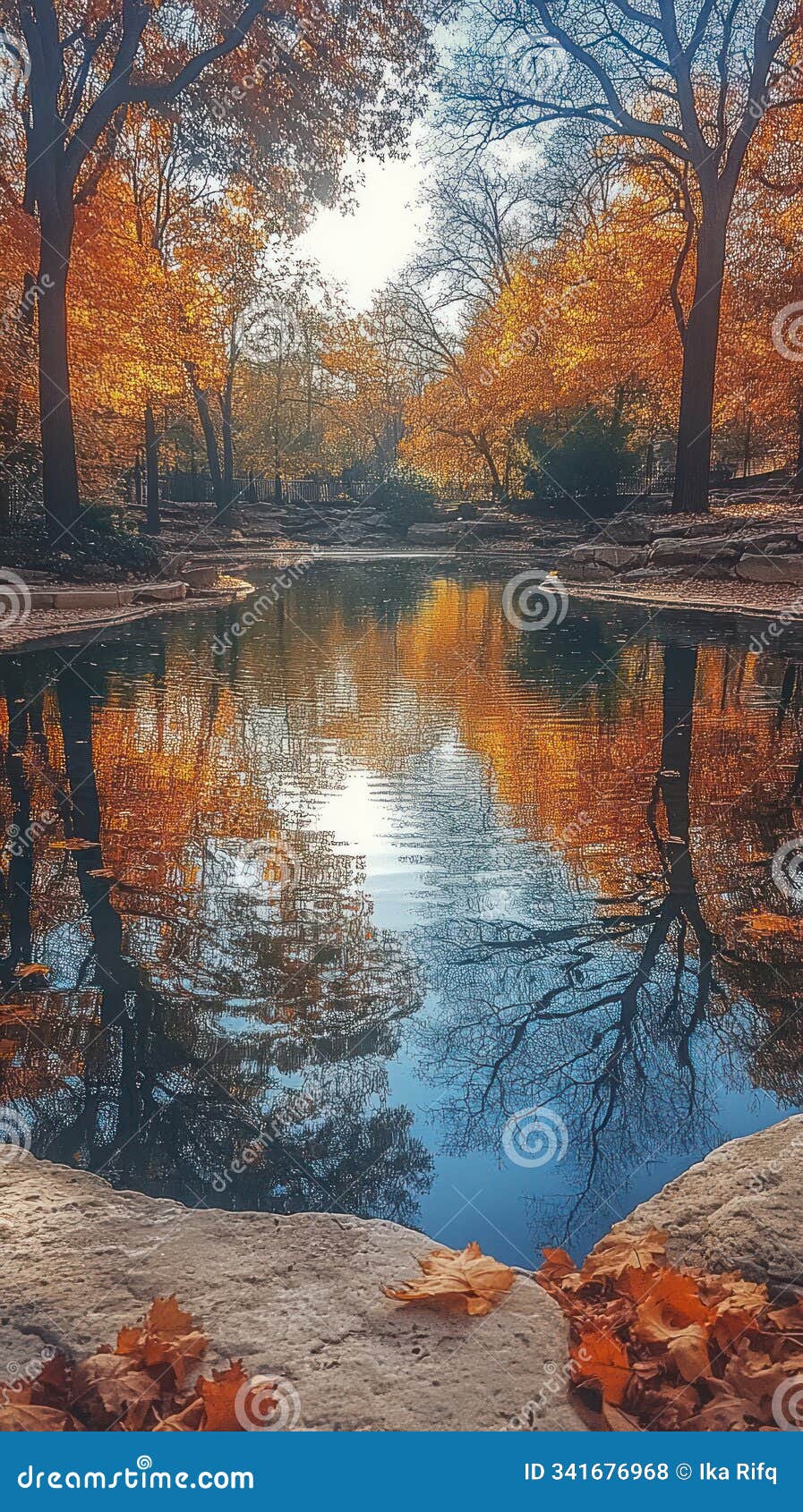 Autumn Leaves Reflecting in Still Pond - Illustration Stock ...