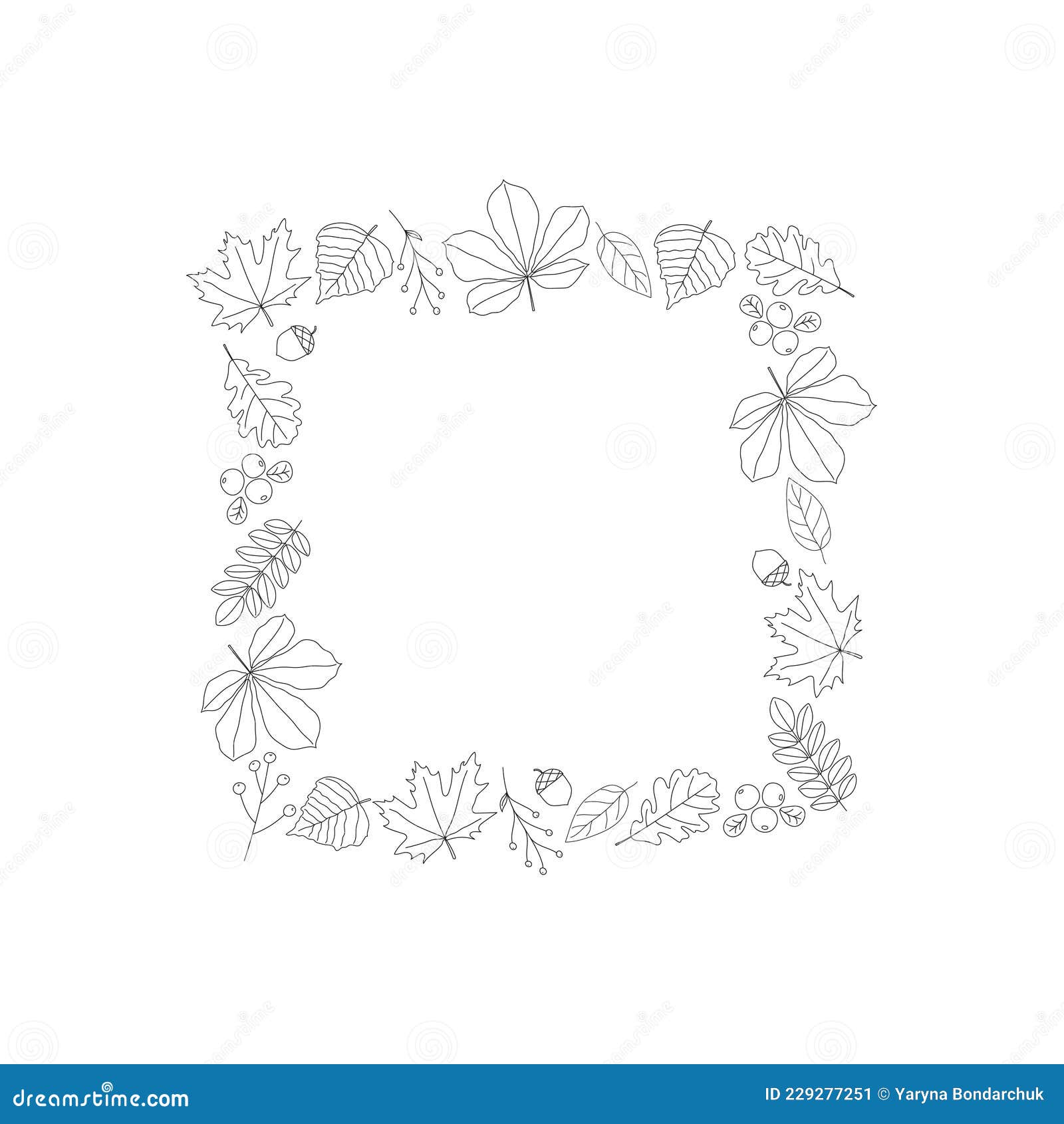 Autumn Leaves Square Frame. Line Art Design. Doodle Style Stock Vector ...