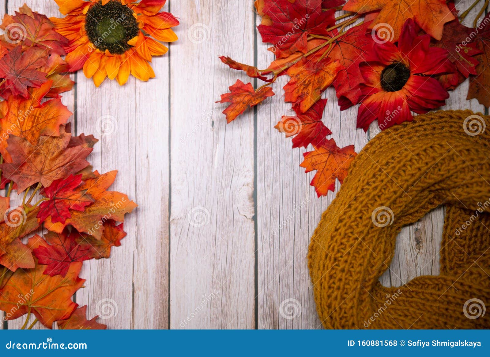 Autumn leaves on the table stock photo. Image of composition - 160881568