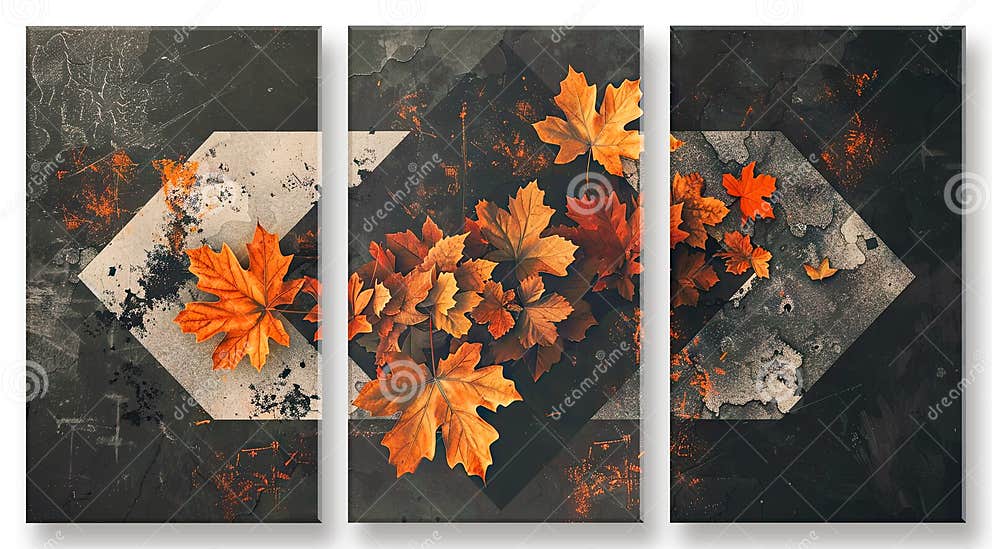 Autumn Leaves on Textured Geometric Background Triptych Stock ...