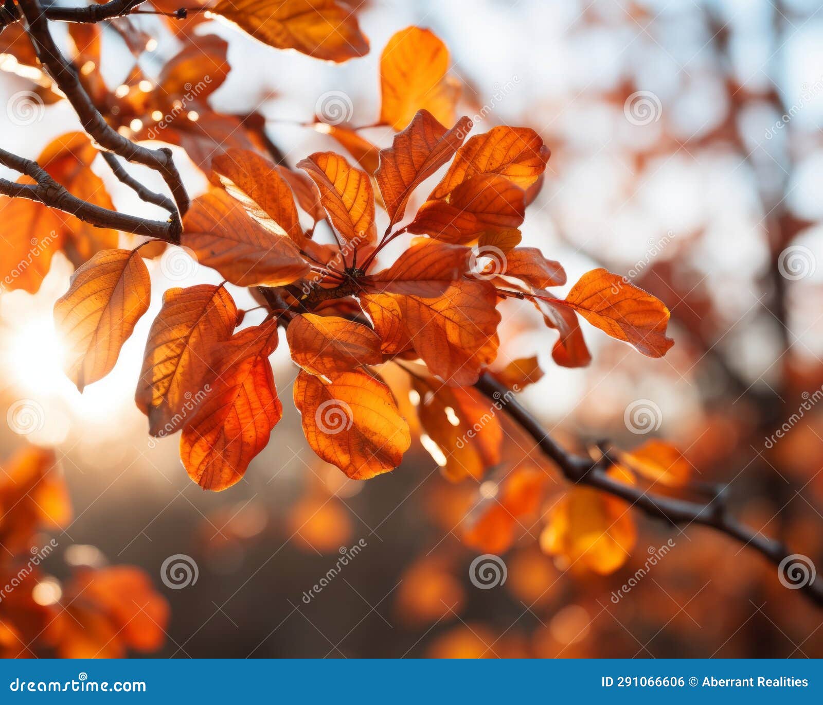 Autumn Leaves on a Tree Branch with the Sun in the Background Stock ...