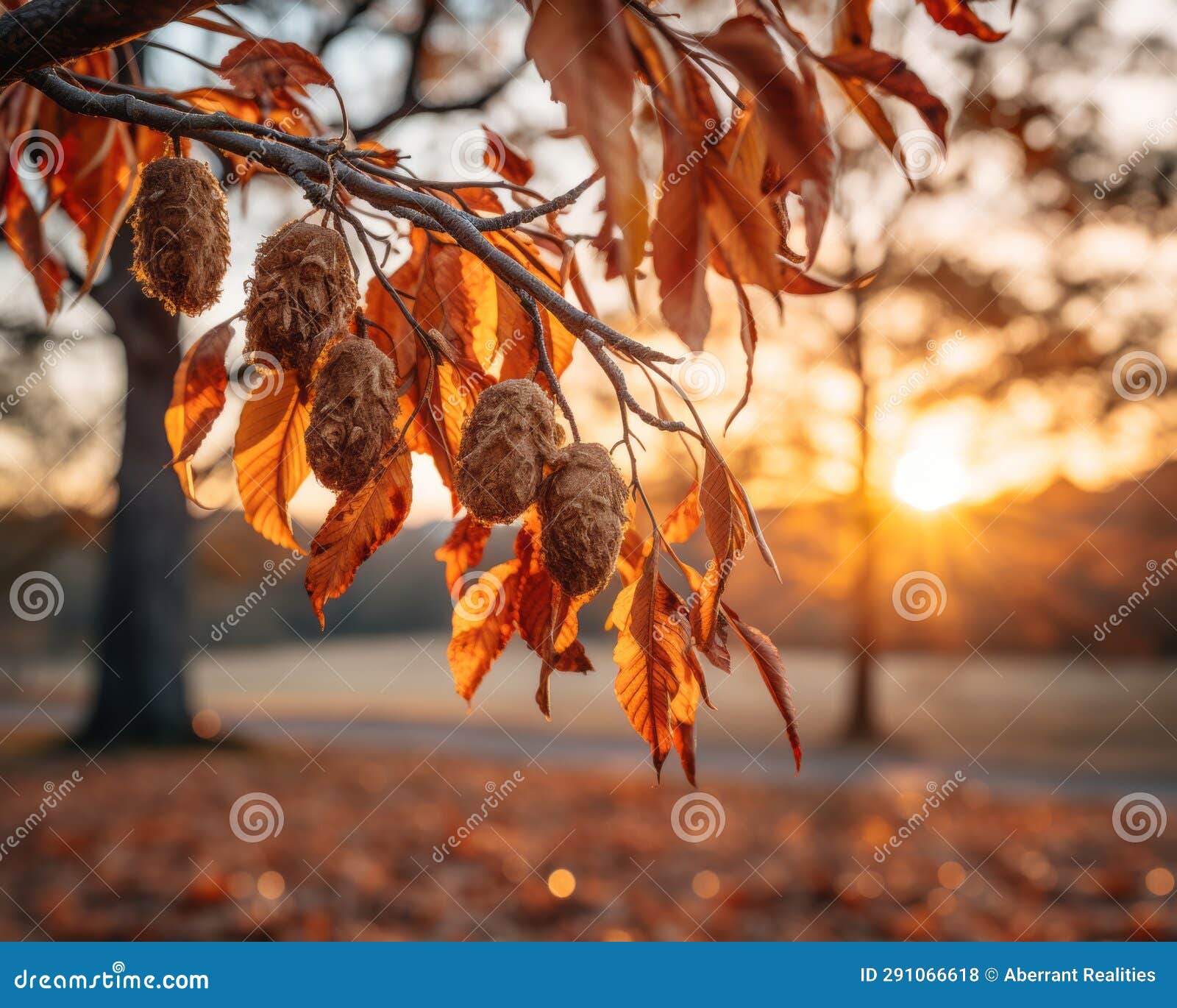 Autumn Leaves on a Tree with the Sun Setting in the Background Stock ...