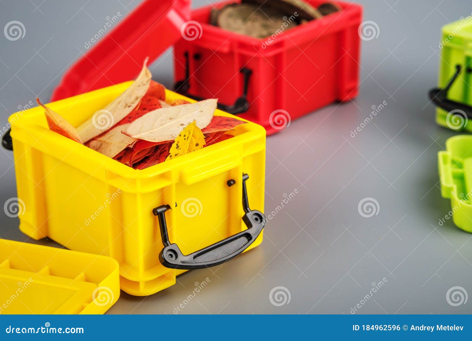Autumn Leaves in a Yellow Plastic Container on a Gray Background Stock ...