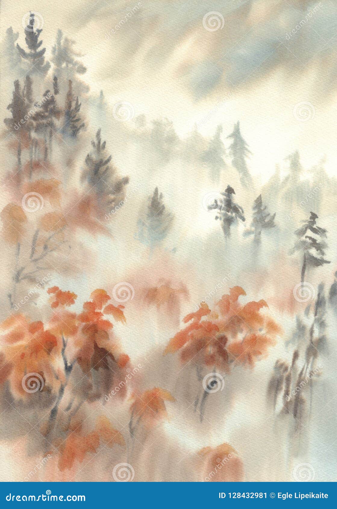Autumn Light in the Mountain Mist Watercolor Landscape Stock ...