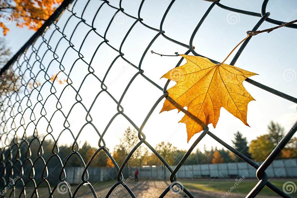 Autumn Maple Leaf on Chain Link Fence Stock Illustration - Illustration ...