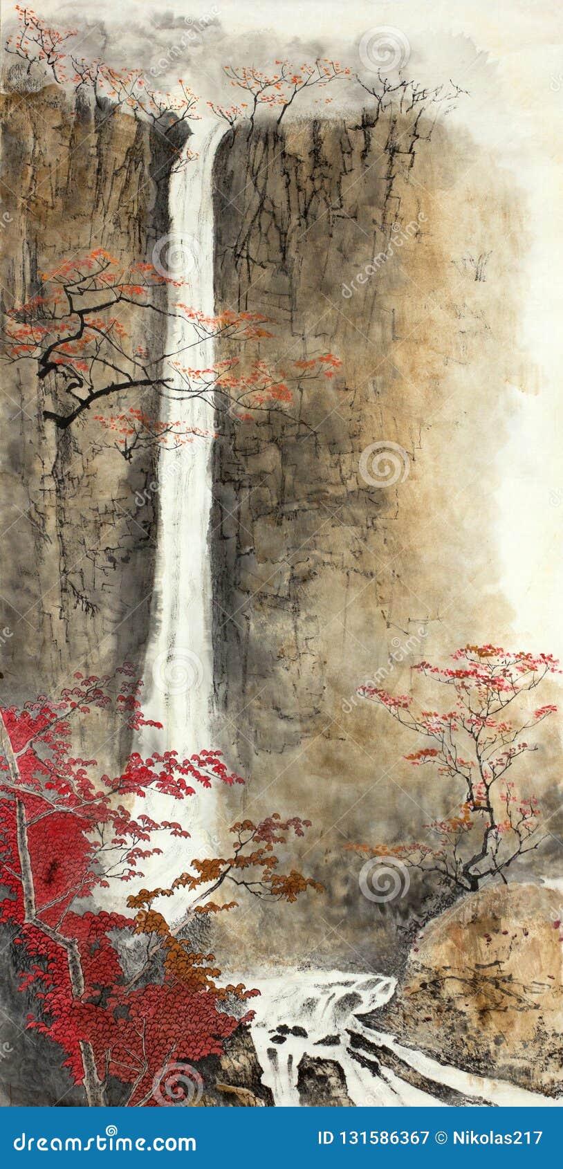 Autumn Mountains Waterfall and Maples Stock Illustration - Illustration ...